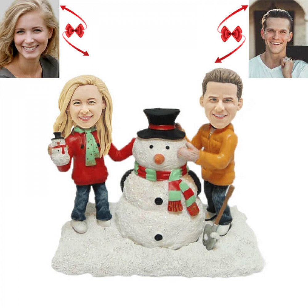 Building a Snowman Couples Custom Bobbleheads - Handcrafted Winter Gift